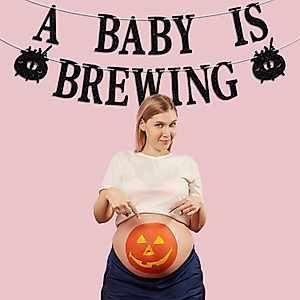 A Baby is Brewing Banner, Halloween Theme Baby First Birthday/Baby Shower/Gender Reveal/Pregnancy Celebration Party Decoration Supplies, Black Glitter