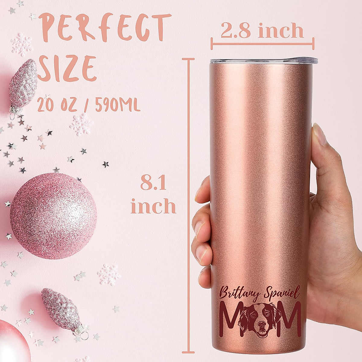 Onebttl Brittany Spaniel Gifts for Brittany Mom, Brittany Dog Design, Dog Mom Gifts, 20oz Stainless Steel Insulated Skinny Tumbler with Lid & Straw, Rose Gold - Brittany Mom