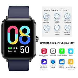 MEGIR Built-in Alexa Unisex Sports 1.55" Touch Screen Smart Watch Fitness Tracker/Heart Rate/Sleep Monitor/Sleep Monitor/SpO2 Pedometer with Blue Silicone Strap Touch Screen for Android iOS System