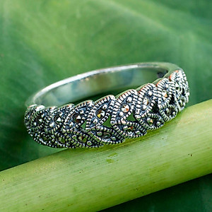NOVICA Artisan Handcrafted Marcasite Cocktail Ring Sterling Silver Grey Thailand Leaf Tree [ring Front 0.2 in L x 0.8 in W Band Width 3 mm W] ' Olive Garland'
