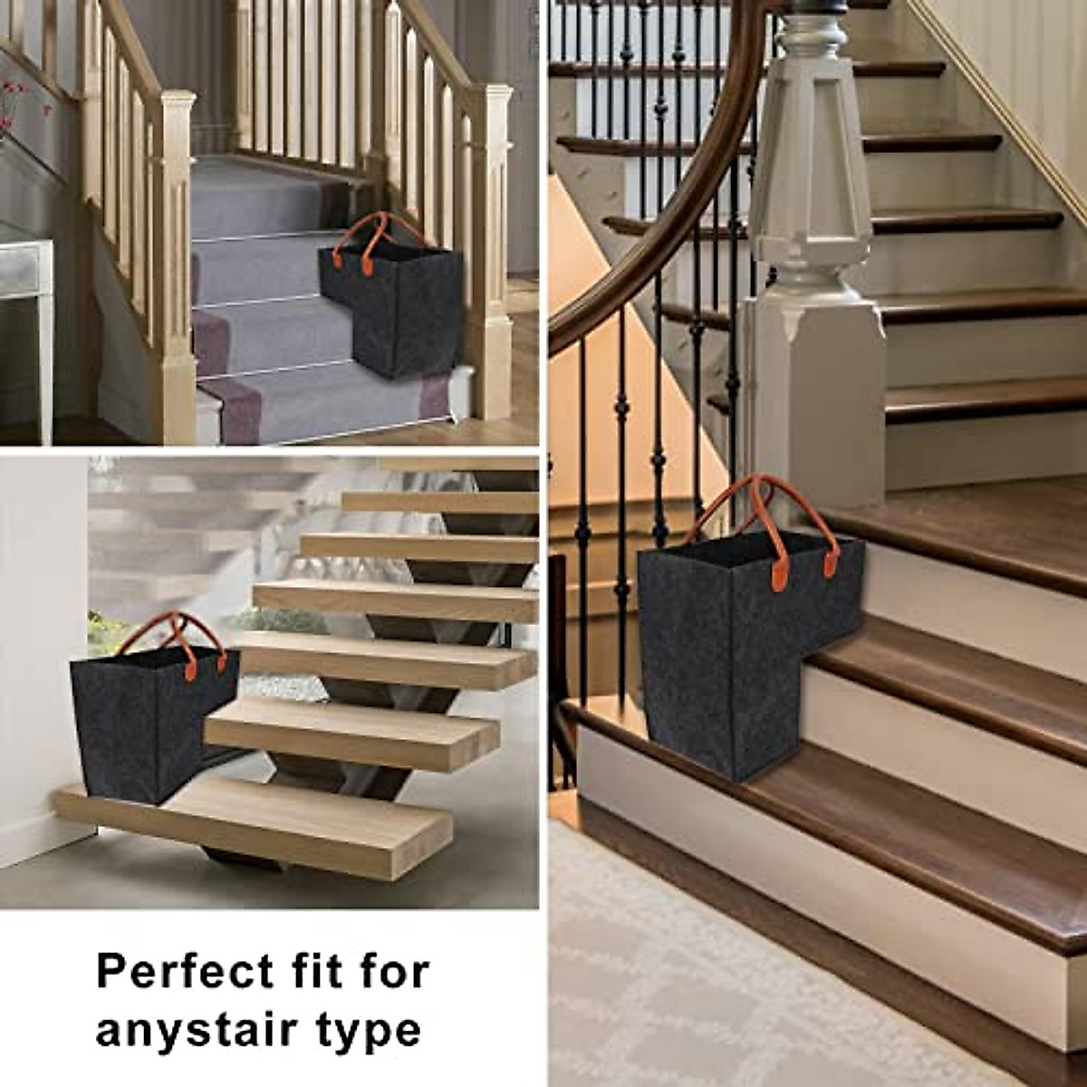Stair Basket with Leather Handles | Staircase Baskets for Carpeted Stairs and Wooden Stairs | L-Shape Stair Storage Organizer for Home and Office Decor