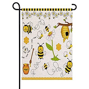 Uanvaha Bee Garden Flag Decor Cartoon Flower Honey Sunflowers Green Leaves Yellow Nest Funny Animal Burlap Banner Flags for Yard House Lawn Patio Outdoor Decorations 12.5X18 Inch