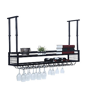 OLDRAINBOW Hanging Wine Rack with Glass Holder and Shelf,Adjustable Metal Ceiling Bar Wine Glass Rack,2-Layer Industrial Wall Mounted Wine and Glass Rack,47.2in Iron Bottle Holder Wine Shelf(Black)