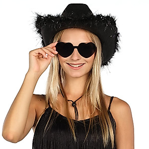 Funcredible Black Cowboy Hat and Glasses - Fluffy Cowgirl Hat with Star for Girls - Cowboy Hat with Feathers - Cowgirl Accessories - Halloween Accessories for Women