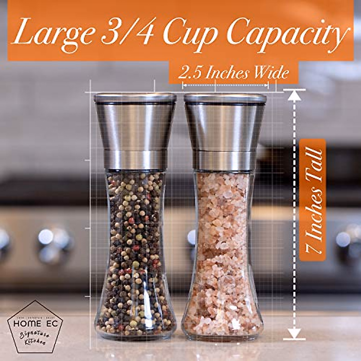 HOME EC Original Salt and Pepper Grinder Set - Adjustable Sea Salt Grinder & Pepper Grinder - Stainless Steel & Glass Salt and Pepper Shakers - Pepper Mill & Salt Mill - Modern Kitchen Accessories