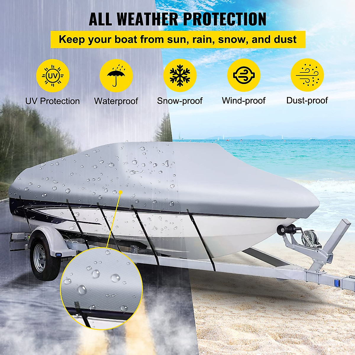 VEVOR Waterproof Boat Cover, 14'-16' Trailerable Boat Cover, Beam Width up to 90" v Hull Cover Heavy Duty 210D Marine Grade Polyester Mooring Cover for Fits V-Hull Boat with 5 Tightening Straps
