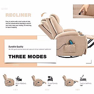 Flamaker Rocking Chair Recliner Chair with Massage and Heating Swivel Ergonomic Lounge Chair Classic Single Sofa with 2 Cup Holders Side Pockets Living Room Chair Home Theater Seat (Beige)