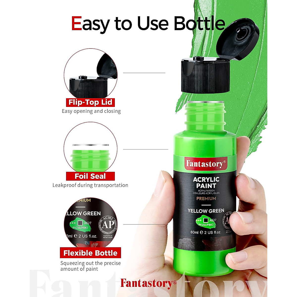 Fantastory Acrylic Paint Set, 24 Classic Colors(2oz/60ml), Professional Craft Paint, Art Supplies Kit for Adults Canvas/Fabric/Rock/Glass/Stone/Ceramic/Model/Wood Painting with 12 Brushes