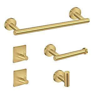 5 PCS Matte Black Bathroom Hardware Set,304 Stainless Steel Towel Rack Set Round Wall Mounted Includes 16" Hand Towel Bar,Toilet Paper Holder,3 Towel Hooks Bathroom Accessories Kit (Gold)