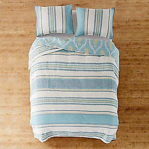 Levtex Home - Kailua Quilt Set - King Quilt + Two King Pillow Shams - Stripe - Blue Teal Taupe Cream - Quilt (106x92in.) and Pillow Shams (36x20in.) - Reversible - Cotton Fabric