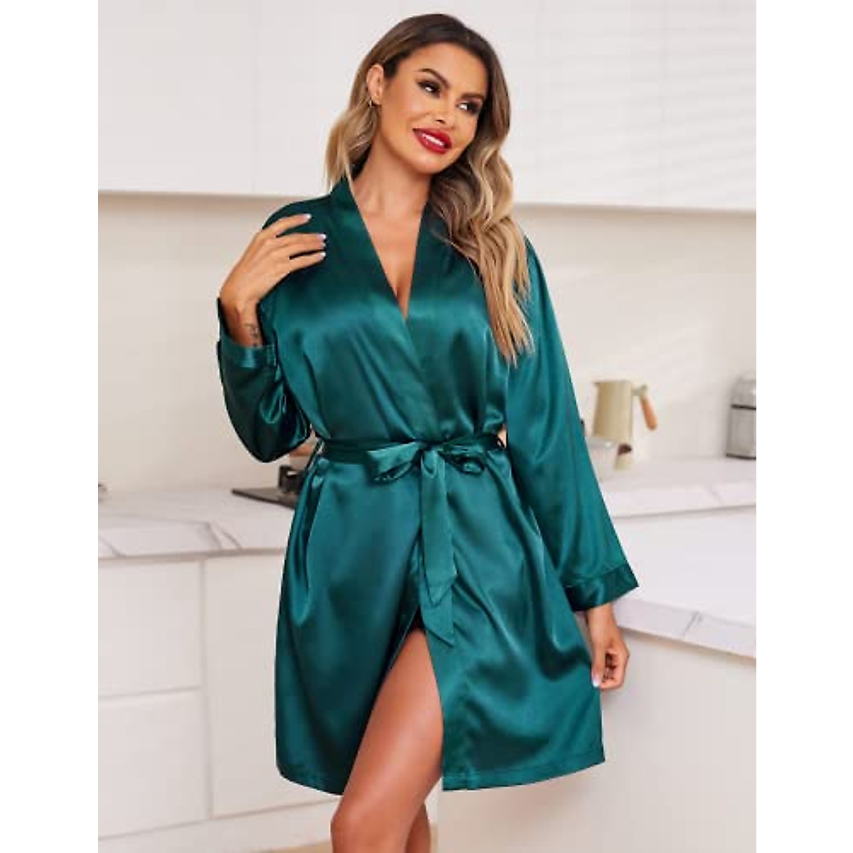 Ekouaer Womens Sleepwear with Robe 3Pcs Satin Silky Pajama Set Sexy Floral Lace Trim Sleepwear Dark Green