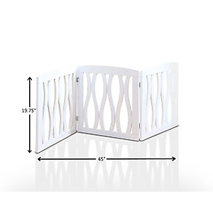 Wooden Pet Gate, Foldable and Freestanding, For Indoor Home and Office Use. Keeps Pets Safe [White Cascade Wave Decorative Design. Easy Set Up, No Tools Required]