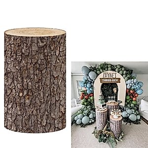HISDH Vintage Wooden Pedestal Covers for Birthday Party Decoration Wood Grainy Texture Plinth Cover Printed Fabric Cylinder Cover Wedding Bridal Shower Baby Shower Baptism Communion Props Dia40 H90
