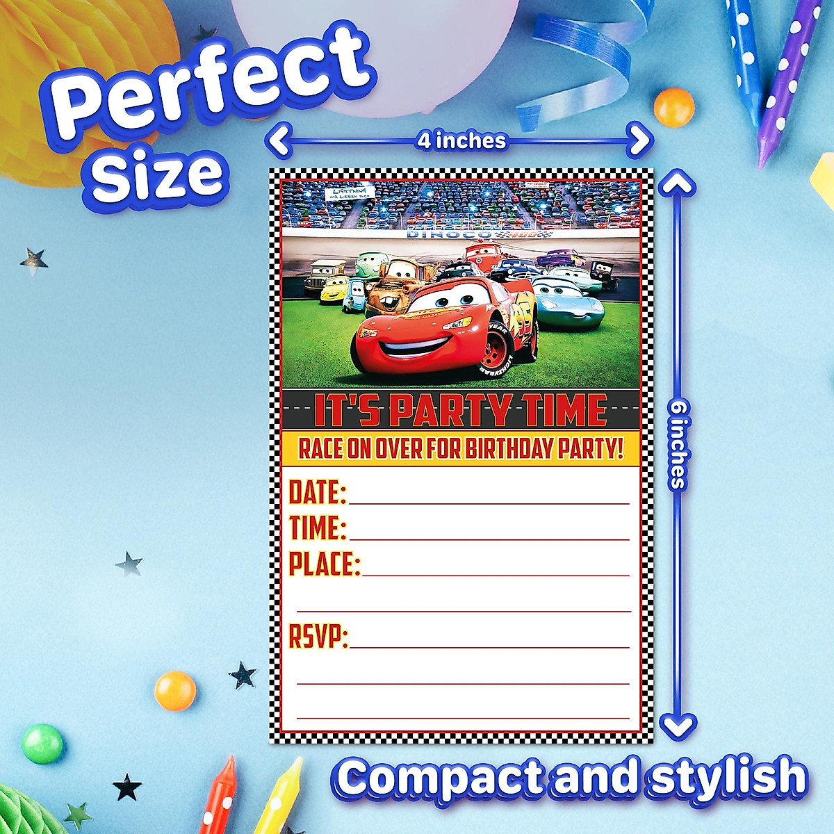 Set of 40 Cars Themed Happy Birthday Invitation Cards - Lightweight (230g), Postcard Style Invites for the Perfect Party Pack