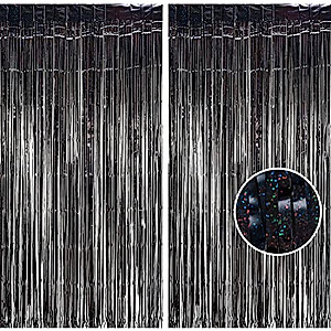 BRAVESHINE Party Decorations Foil Fringe Curtains - 2 Pack 3.2 x 8.2 ft Metallic Tinsel Photo Booth Streamer Backdrops for Boys Gilrs Men Women Birthday Wedding Christmas Graduation Decor - Black