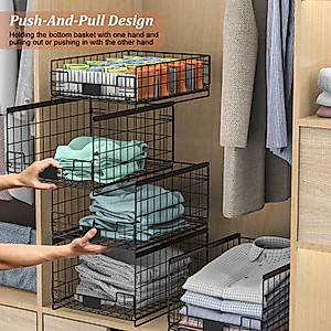 4 Pack Sliding Closet Organizers and Storage, Stackable Closet Storage Shelves, Pull Out Clothes Storage Organizer Baskets/Containers/Drawers with Dividers for Wardrobe (Black-Sturdy Wire Metal Frame)