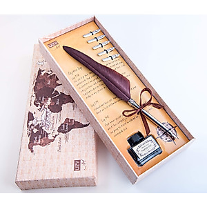 Quill Pen and Ink Set Turkey Feather Pen with 5 Steel Replacement Nibs and Dip Ink Bottle in Vintage Gift Box for Antique Calligraphy - Brown