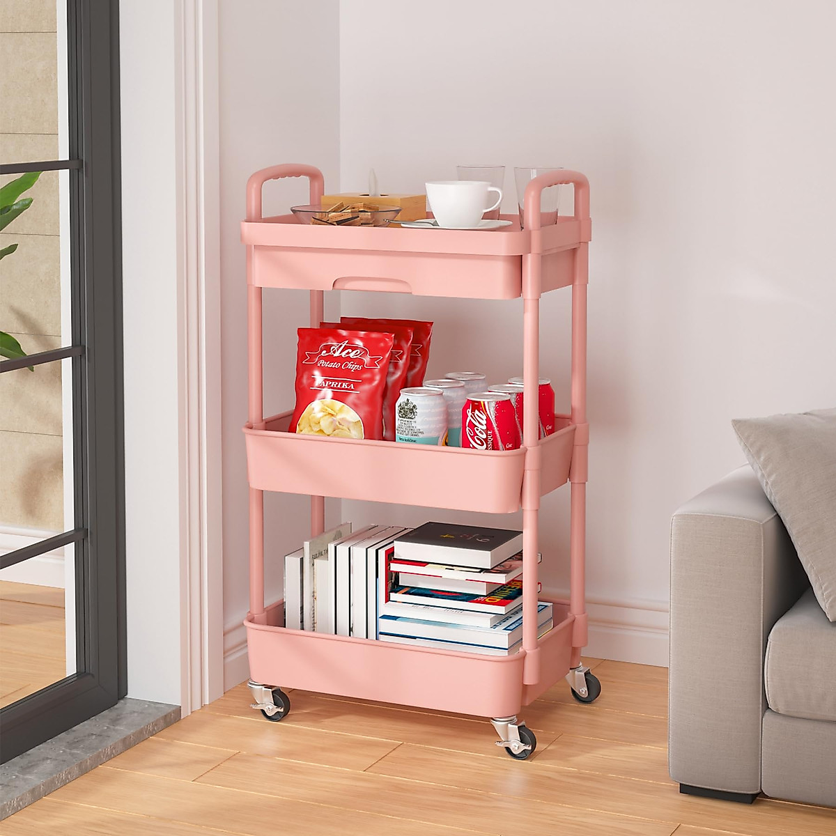 Calmootey 3-Tier Rolling Utility Cart with Drawer,Multifunctional Storage Organizer with Plastic Shelf & Metal Wheel,Storage Cart for Kitchen,Bathroom,Living Room,Office,Pink