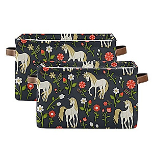 KLL Storage Bins Large Foldable Floral Pattern with Magic Unicorns Storage Basket with Leather Handles for Home Office Closet or Shelves