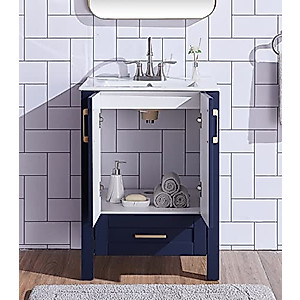 Popity home 24 Inch Bathroom Vanity with Sink,Blue Bathroom Sink Cabinet,Small Bath Vanity with White Three Hole Ceramic Sink, Gold Handle Bathroom Vanity