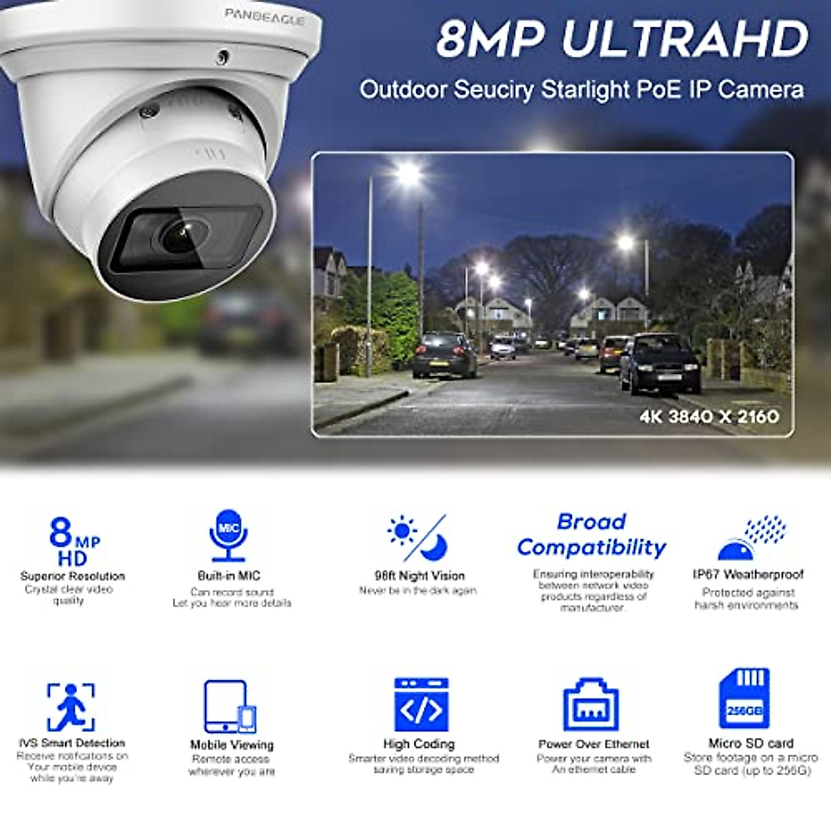 PANOEAGLE Starlight 8MP POE IP Camera Turret, Outdoor 4K Security Camera with Human Vehicle Detection, Built-in Mic, SD Card Slot, 98ft IR Night Vision, 2.8mm Wide Angle Lens, IP67 Waterproof, IVS