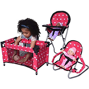 The New York Doll Collection Dolls Mega Play Set with Dolls High Chair, 3-1 Doll Bouncer and Pack N Play Pink for 18-inch Dolls