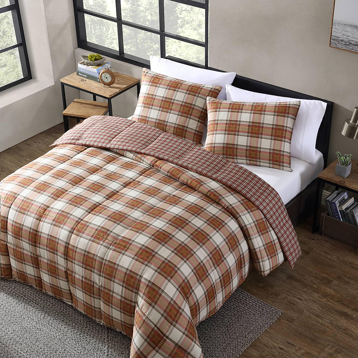 Eddie Bauer - King Duvet Cover Set, Reversible Cotton Bedding with Matching Shams, Stylish Home Decor for All Seasons (Edgewood Red, King)