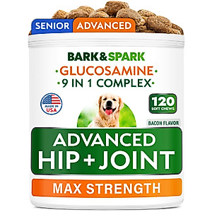 BARK&SPARK Senior Advanced Glucosamine Chondroitin for Dogs - Hip Joint Pain Relief Pills - Old Dog Joint Supplement Large & Small Breed - Hip Joint Chews Joint Health Care Vitamin Treats - 120Ct