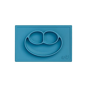 ezpz Happy Mat (Blue) New Version - 100% Silicone Suction Plate with Built-in Placemat for Toddlers + Preschoolers - Divided Plate - Dishwasher Safe