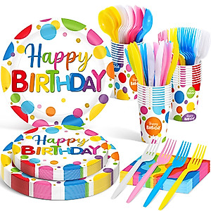 Meanplan Serves 24 Guests Happy Birthday Plates and Napkins Rainbow Polka Dot Birthday Tableware Set Rainbow Dot Birthday Party Decorations for Kids Included Cups Knives Forks Spoons Total 168 Pcs