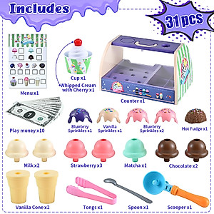 Ice Cream Toys for Kids, Toddler Pretend Play Kitchen Food Accessories, Ice Cream Counter Playset, Pretend Food Toys for 3 4 5 6 Year Old Girls & Boys, Christmas Birthday Toys Gift for Kids
