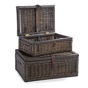The Basket Lady Covered Wicker Storage Basket Nested Set of 2 Antique Walnut Brown