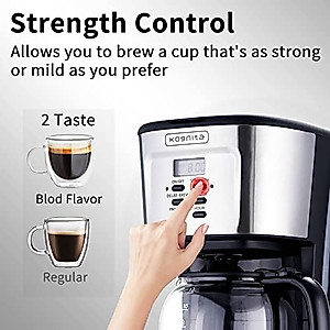 12 Cup Coffee Maker, Programmable Coffee Machine & Ice Tea Maker with Glass Carafe, Drip Coffee Maker Coffee Pot, Auto Keep Warm, Anti-Drip, Strength Control, Stainless Steel Small Coffe Maker, 900W Quick Brew, Kognita