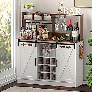 PAKASEPT Wine Bar Cabinet, Farmhouse Barn Doors Coffee Bar Cabinet with Adjustable Storage Shelves, Wooden Sideboard Buffet Storage Cabinet for Dining Room, Kitchen