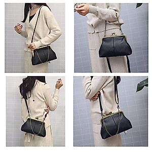 Women Small Vintage Chains Handbag - Pu Leather Kiss Lock Purse(Black)