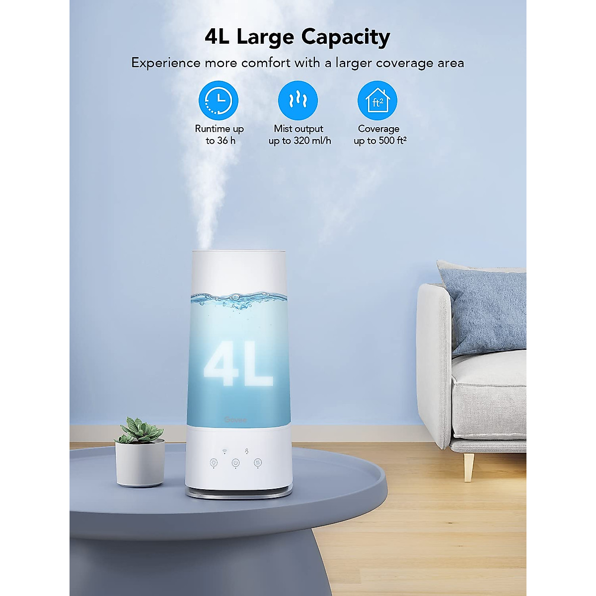 Govee 4L Smart Humidifiers for Bedroom with Hygrometer Thermometer, WiFi Voice & Remote Control, Top Fill Cool Mist Humidifiers for Baby and Plants, Essential Oils Diffuser, Lasts up to 36 Hours
