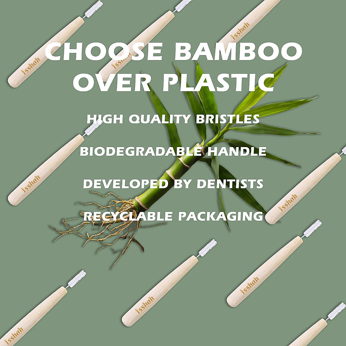 Isshah Biodegradable Bamboo Handle Interdental Brushes Between Teeth Cleaner Deep Clean Toothpick, FSC Certified and PETA Approved, Size 1 (0.45mm), 40 Count