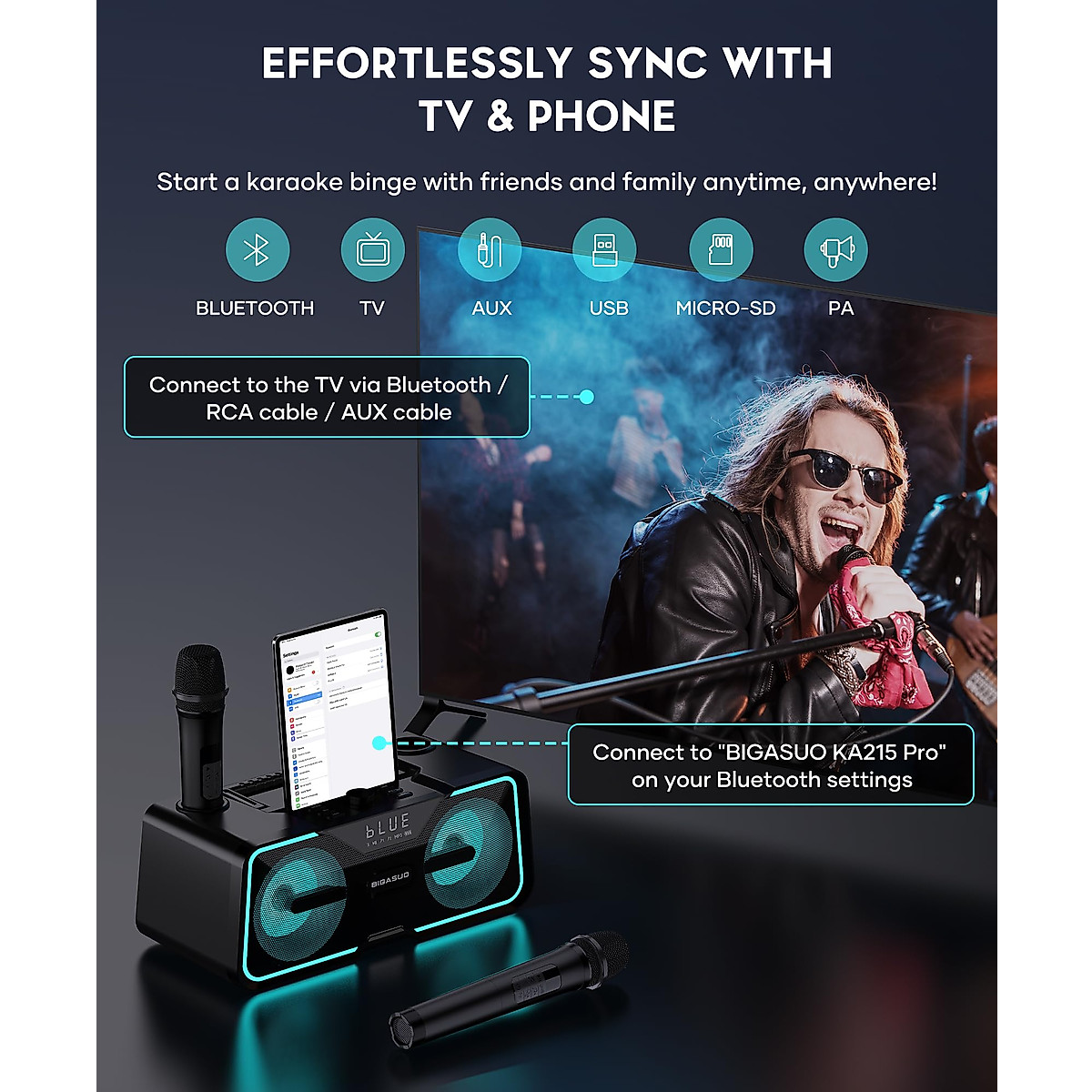 BIGASUO Karaoke Machine for Adults Kids with 2 UHF Wireless Microphones, Portable Bluetooth Singing PA Speaker System with LED Lights for Home Party, Wedding, Church, Picnic, Outdoor/Indoor