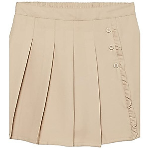 Nautica Girl's School Uniform Pleated Pull-on Scooter Skirt With Undershorts, Knit Waistband, Khaki Ruffle, 8