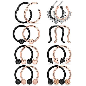 SCERRING 16PCS 16G Stainless Steel Hinged Seamless Septum Hoop Nose Ring Horseshoe Rings Cartilage Daith Tragus Clicker Retainer Body Piercing Jewelry Clear CZ Black & Rose Gold