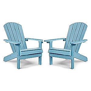 Adirondack Chairs Set of 2 Plastic Weather Resistant, Outdoor Chairs 5 Steps Easy Installation, Like Real Wood, Widely Used in Outdoor, Patio, Fire Pit, Deck, Outside, Garden, Campfire Chairs (Blue)