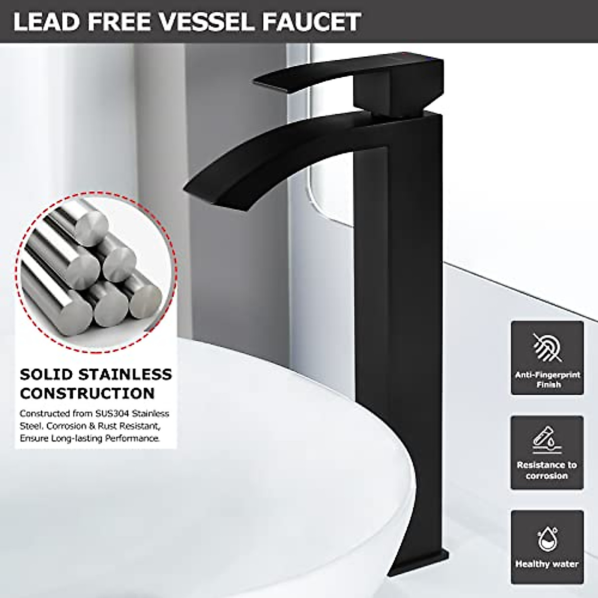 EZANDA Single Handle Vessel Sink Faucet Waterfall Tall Bathroom Bowl Basin Mixer Tap One Hole with Water Supply Line, Matte Black