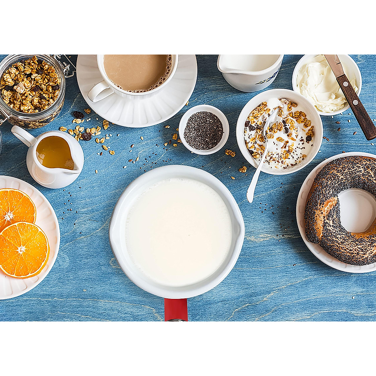 YumCute Home Enamel Milk Pan with Dual Pour Spout Butter Warmer Milk Pot for Stove Top Healthy White Enameled Inside Coating Iron 1QT Small Soup Pot with Wooden Handle Handy Pot (Red)