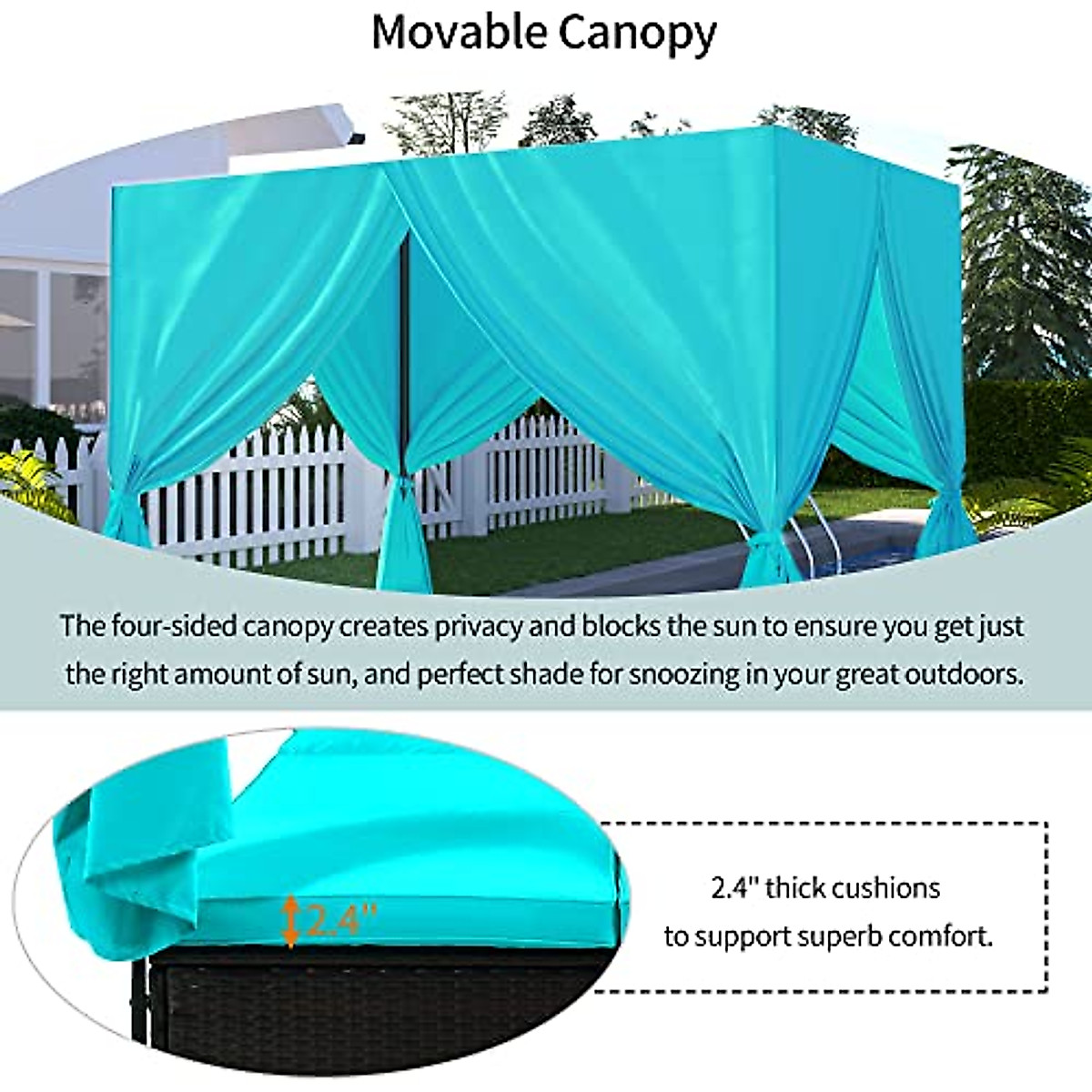 Merax Outdoor Patio Wicker Sunbed Daybed with Canopy, Overhead Curtains, Cushions, Lounge Chairs with Adjustable Seats, Blue