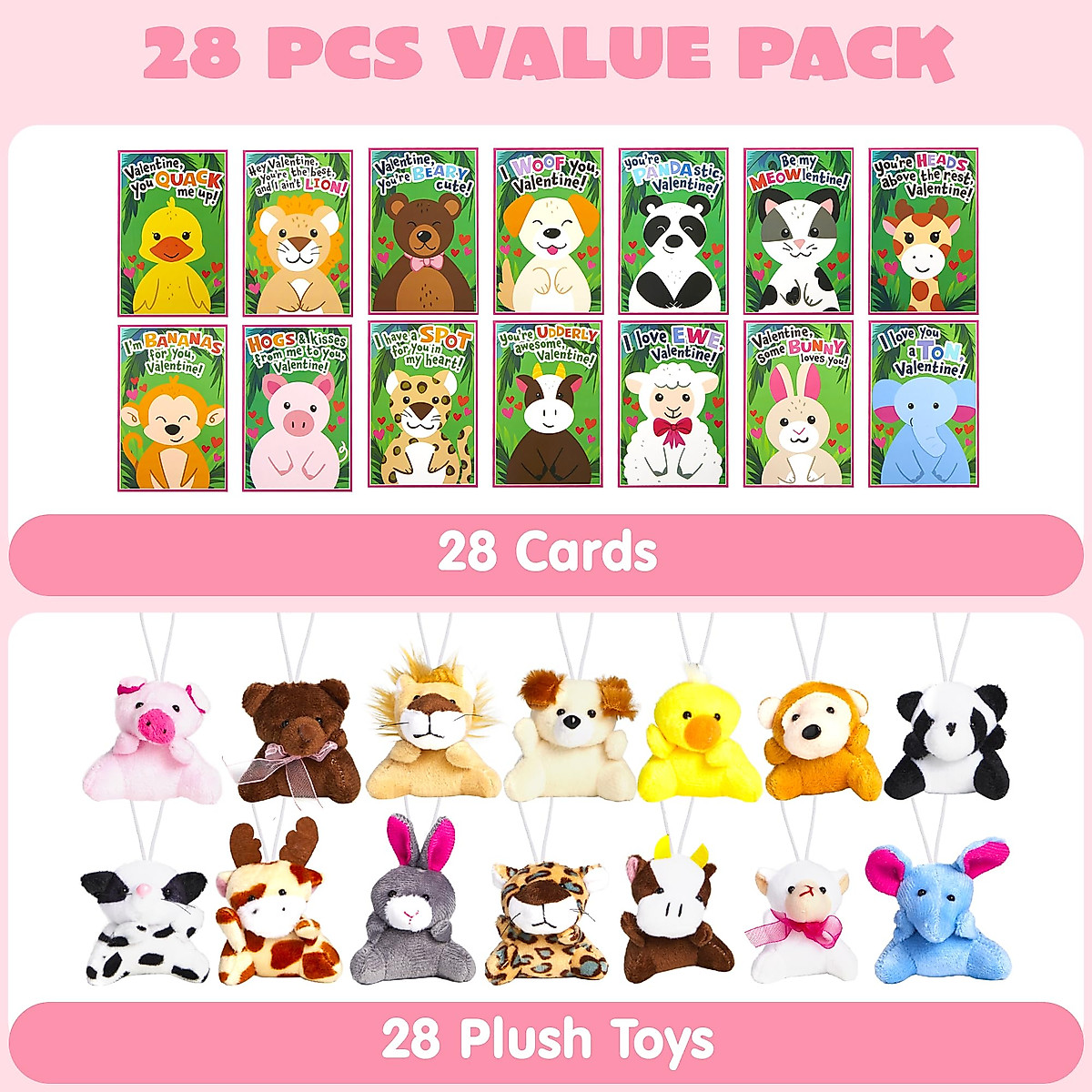JOYIN 28 Pack Valentines Day Gifts Cards for Kids with Animal Plush Toy Key Chain Stress Relief Fidget Toy for Valentine's Classroom Exchange Cards and Valentines Party Favor