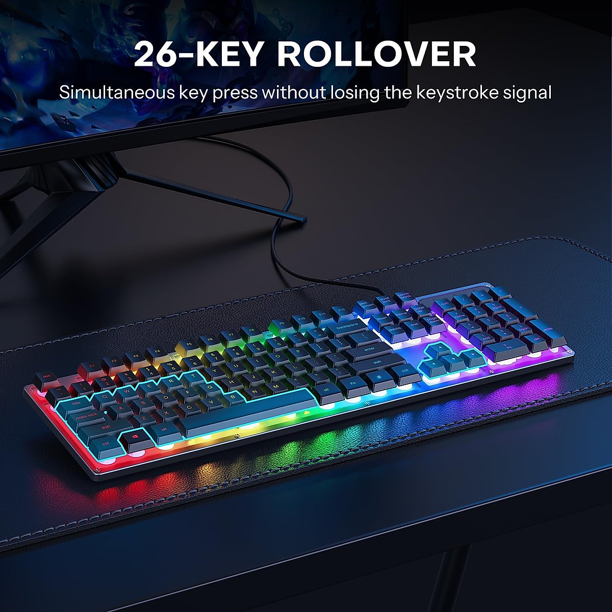 OMOTON Wired Gaming Keyboard, Full Size Keyboard, 26 Anti Ghosting Keys, LED Backlit, 12 Multimedia Keys, Silent Membrane Gaming Keyboard for PC, Desktop, Computer, Black