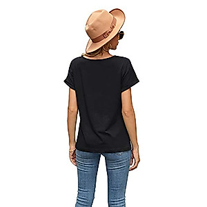 Iandroiy Women's V Neck Short Sleeve Casual Tops Twist Knot Blouse T Shirts (X-Large, Black)