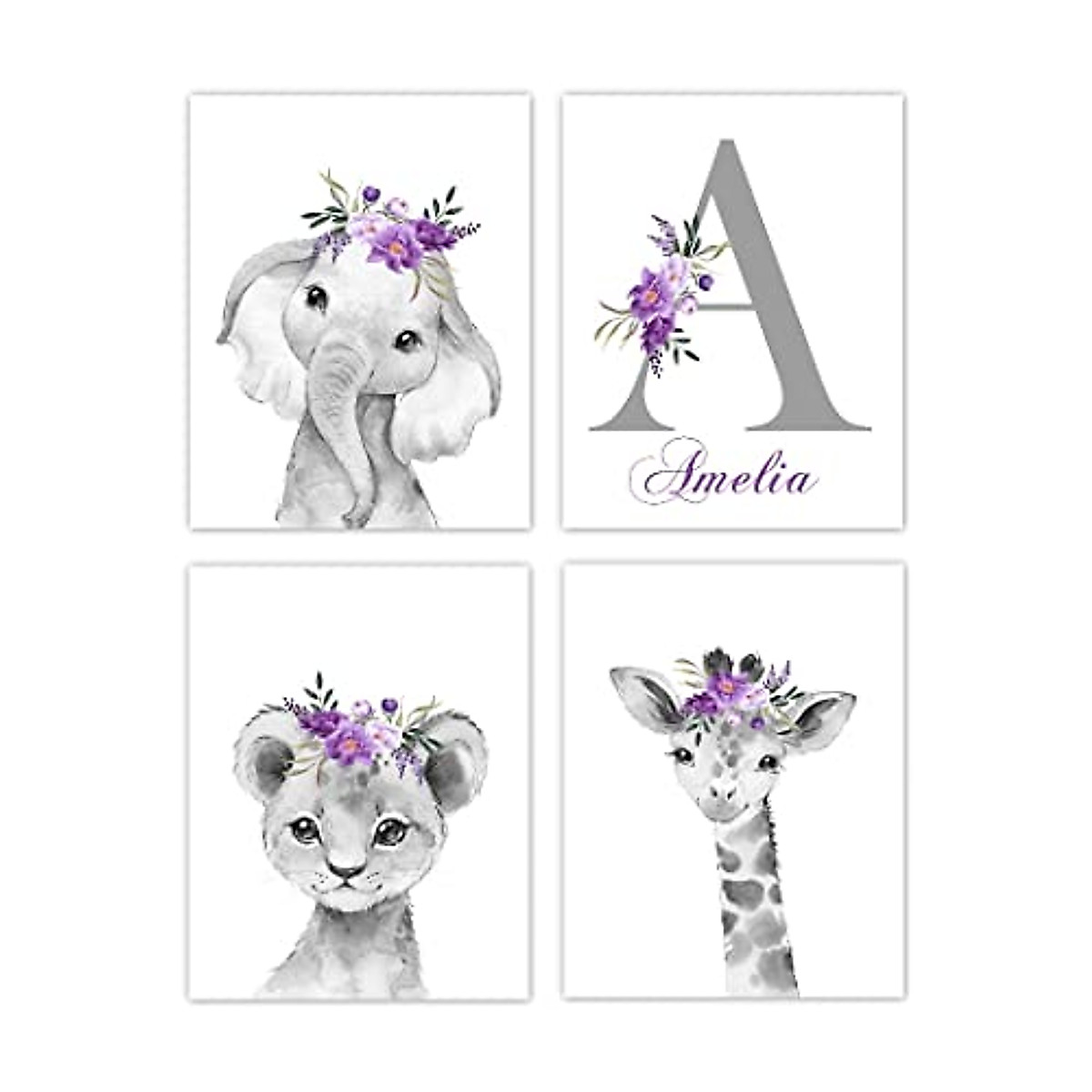 Baby Girl Nursery Wall Art Purple Floral Safari Animals Elephant Giraffe Lion Room Decor 4 UNFRAMED PRINTS