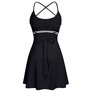 Tennis Dress for Women Backless Lace Up Workout Dress with Built-in Bras & Shorts Exercise Athletic Golf Dresses for Women Black Large