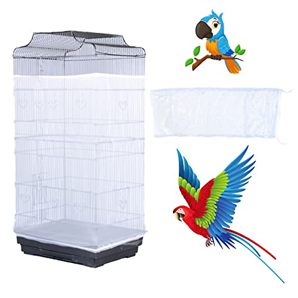 Bird Cage Seed Catcher, Large Airy Gauze Seeds Bird Cage Cover Guard Adjustable Bird Cage Cover Birdcage Seed Feather Catcher Universal Birdcage Parrot Bird Nylon Mesh Net Cover(XL-118x32 in, White)